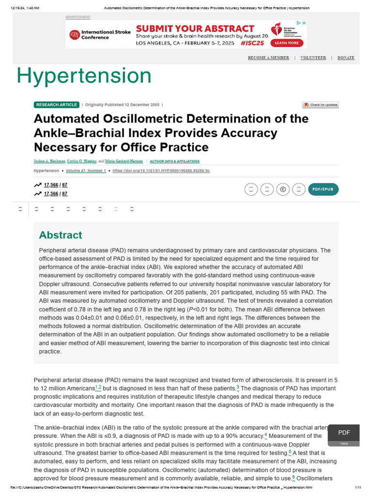 Automated Oscillometric Determination of The Ankle-Brachial Index ...