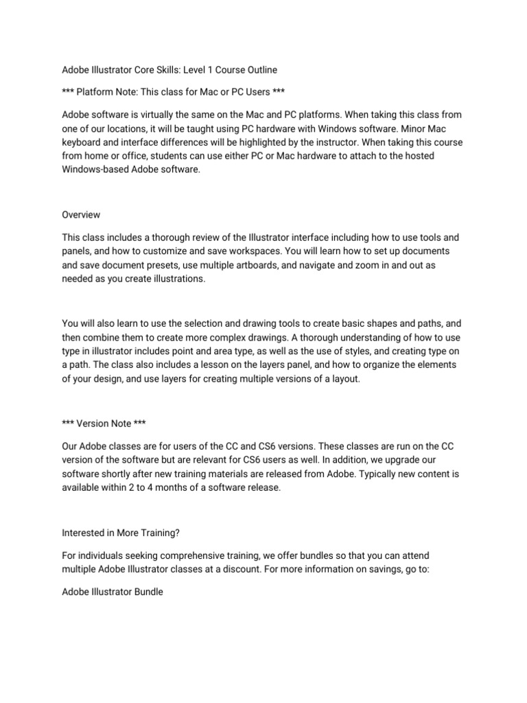 Illustrator Core Skills Level 1 Outline | PDF | Adobe Illustrator ...