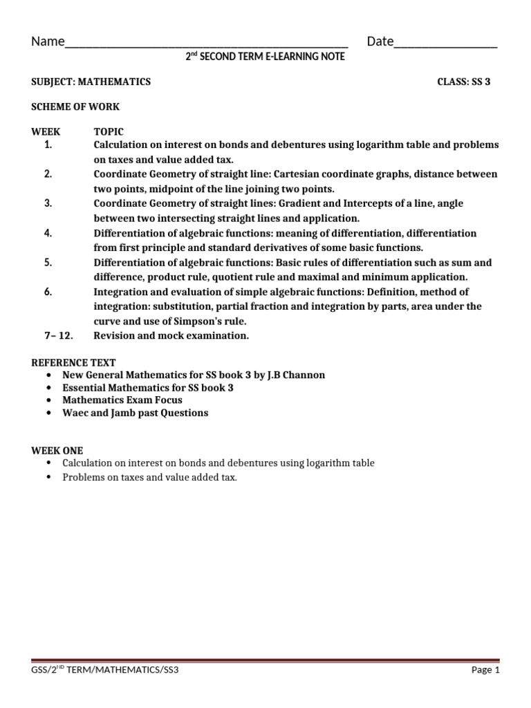 2ND TERM S3 MATHEMATICS | PDF | Line (Geometry) | Derivative