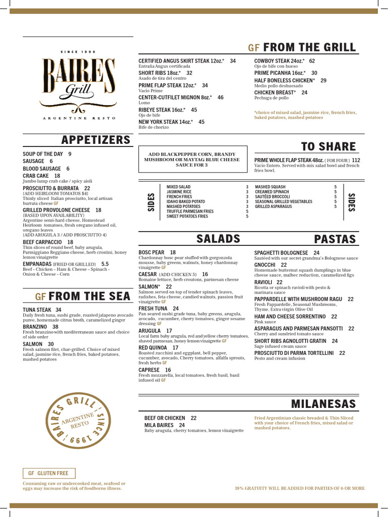 Baires Grill Miami Menu & Wine List | PDF | Salad | Steak