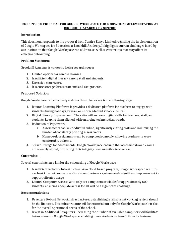 Response To Google Workspace Proposal by Sentire | PDF | Literacy | Computer Network