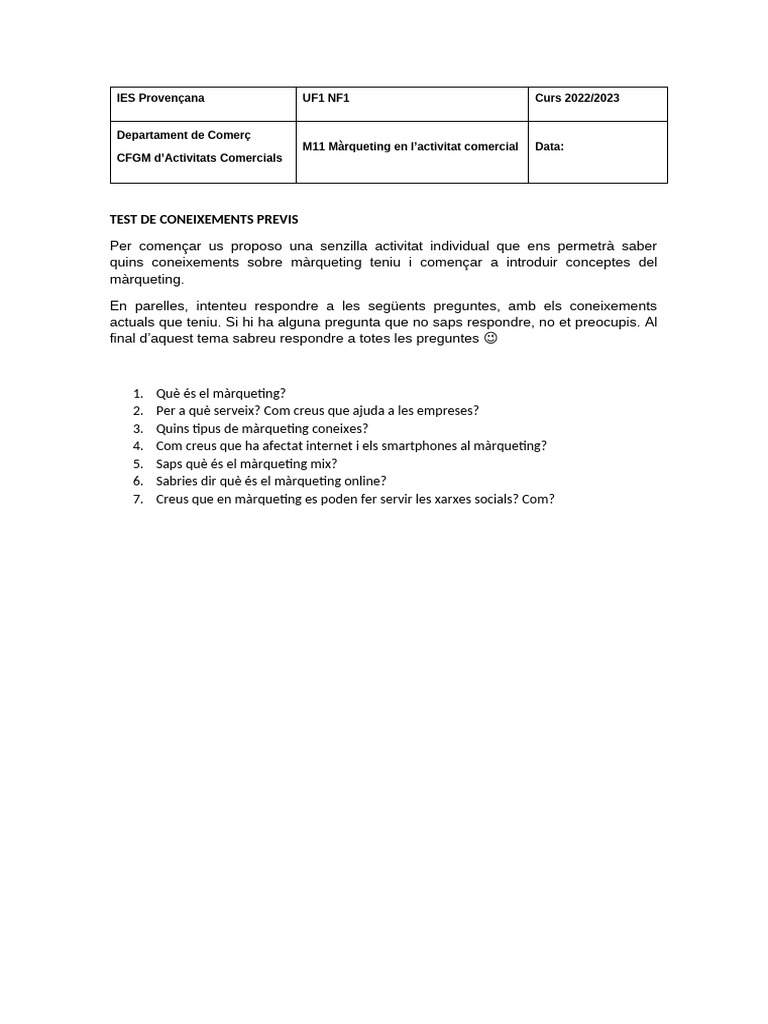 Test de Coneixements Previs M11 1AC | PDF