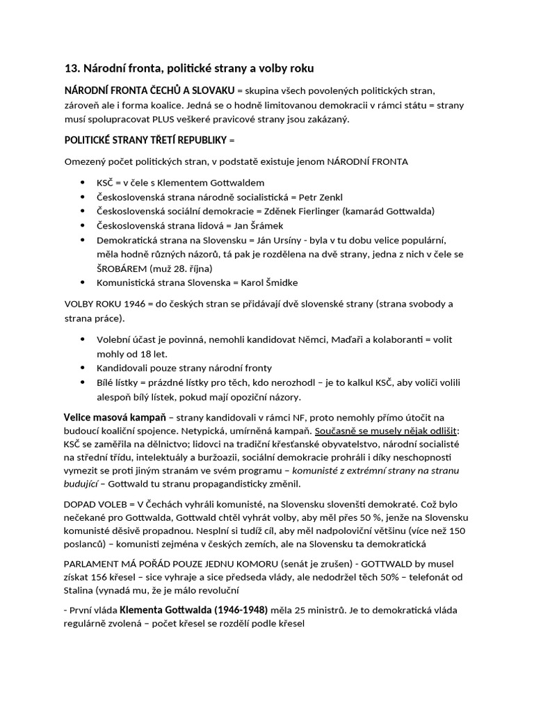 Národní Fronta, Politické Strany A Volby Roku 45 A 46 | PDF