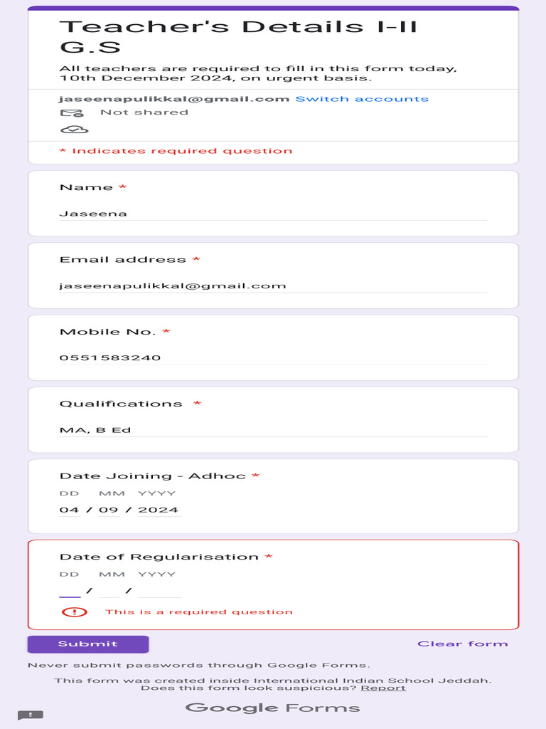 Teacher Information Form IISJ | PDF