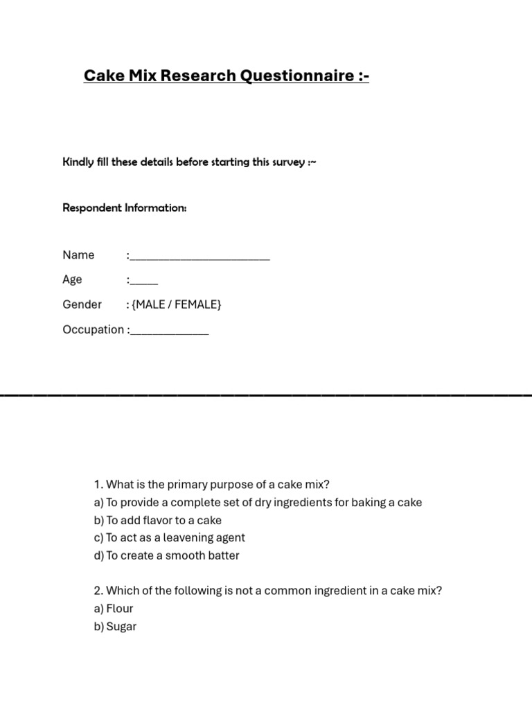 Cake Mix Research Questionnaire:-: Kindly Fill These Details Before ...