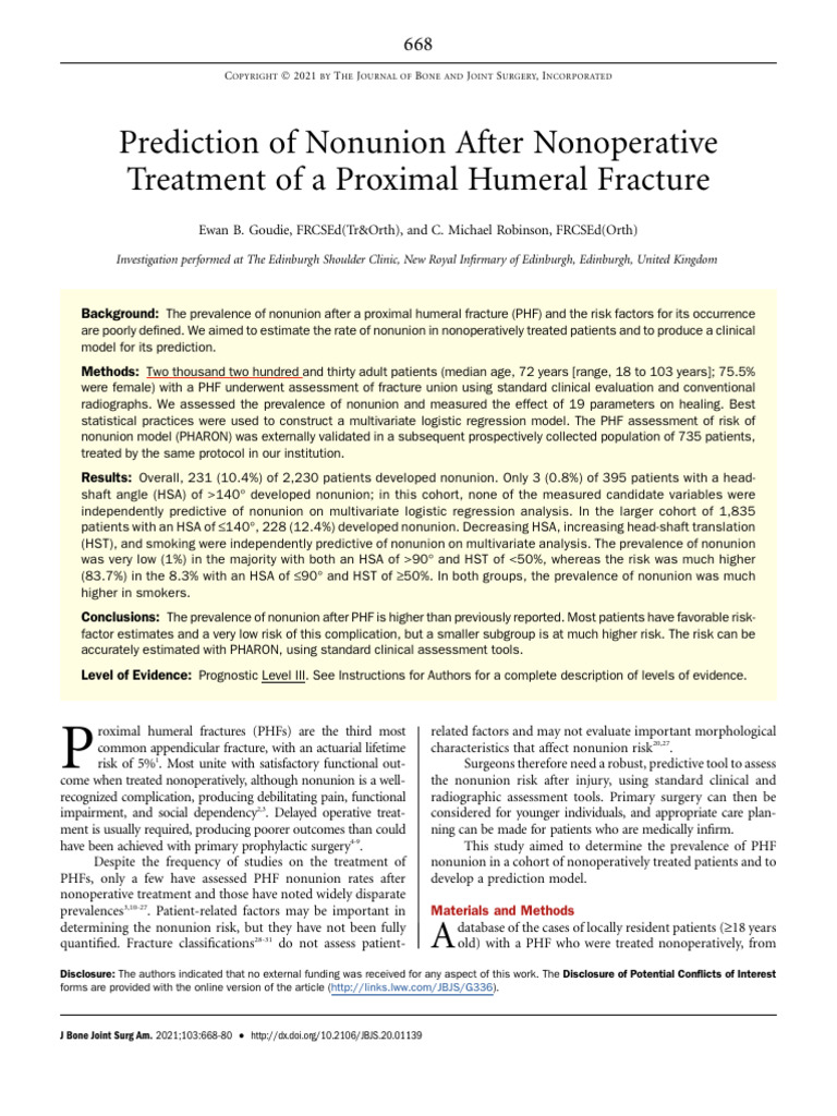 Prediction of Nonunion After Nonoperative Treatment of A Proximal ...