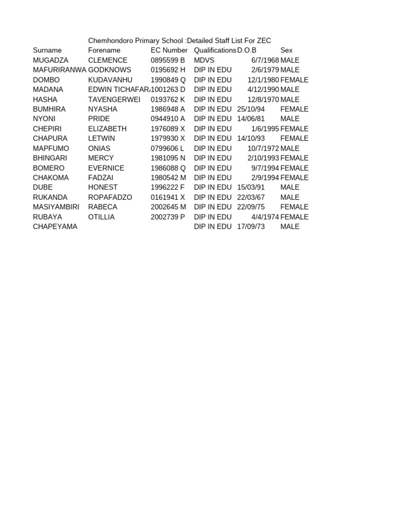 Chemhondoro Primary School Staff List | PDF