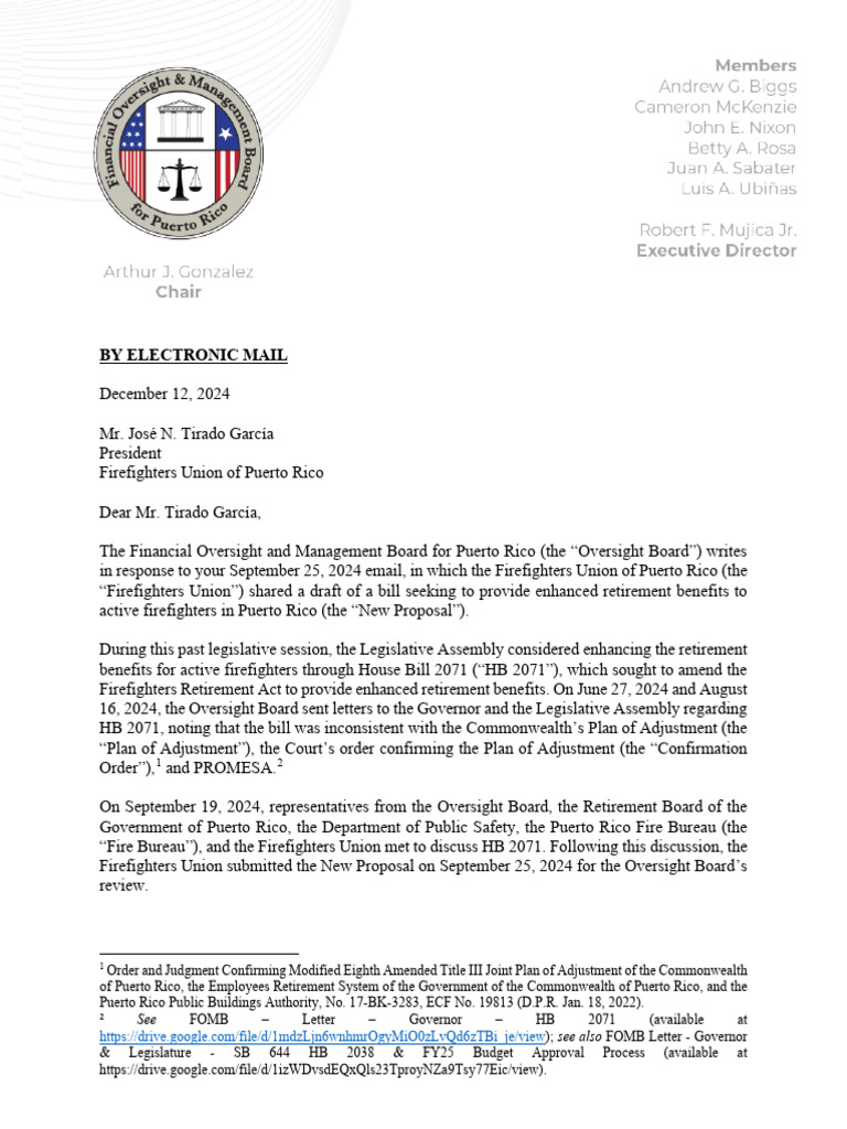 FOMB - Letter - Firefighters Union - New Proposal for Enhanced ...