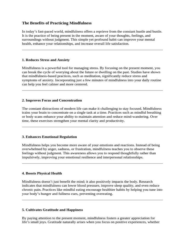 The Benefits of Practicing Mindfullness | PDF | Mindfulness | Cognition