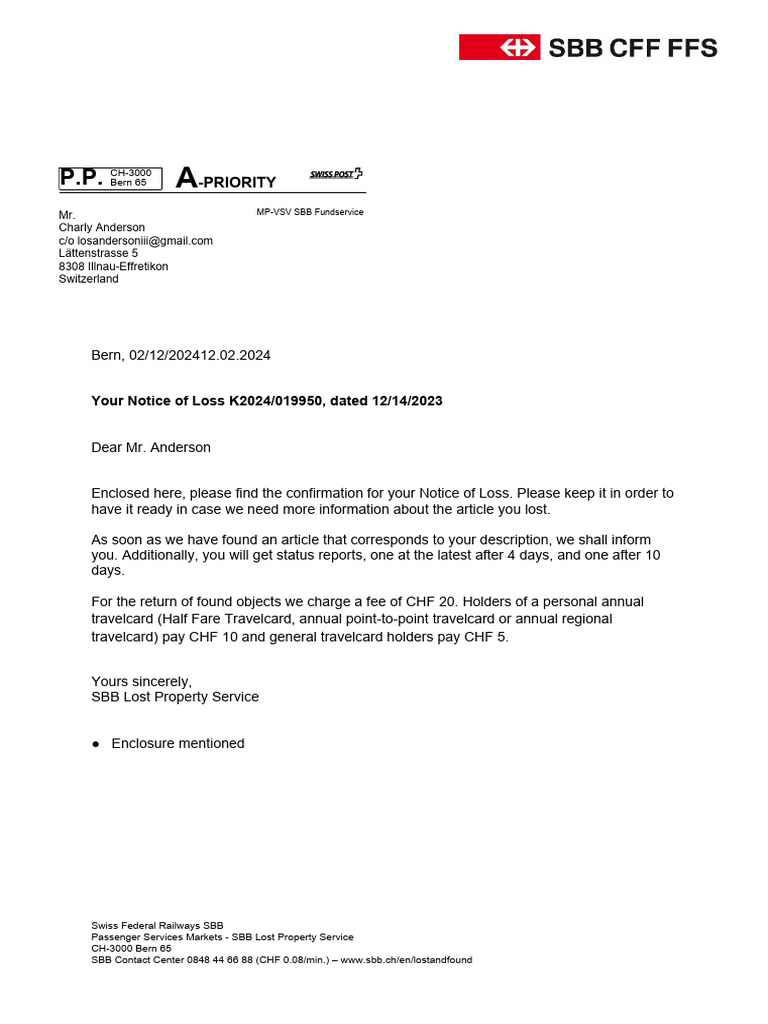Confirmation of Lost Property Notice | PDF