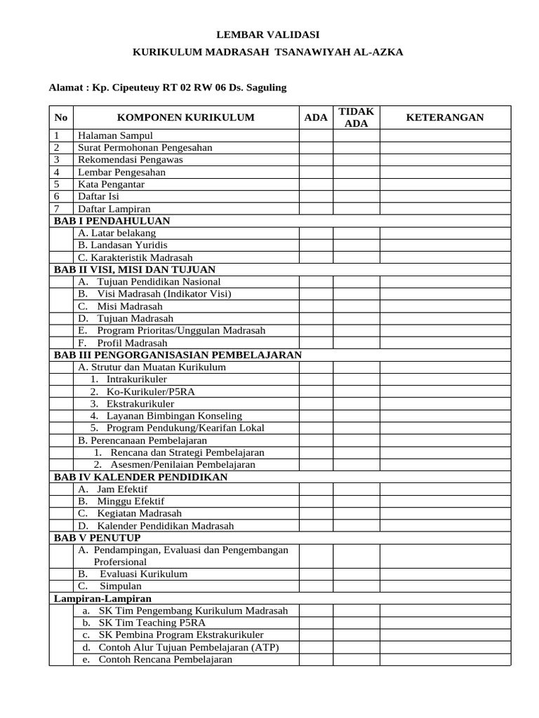 Lembar Validasi Kurikulum MTs 2024 | PDF