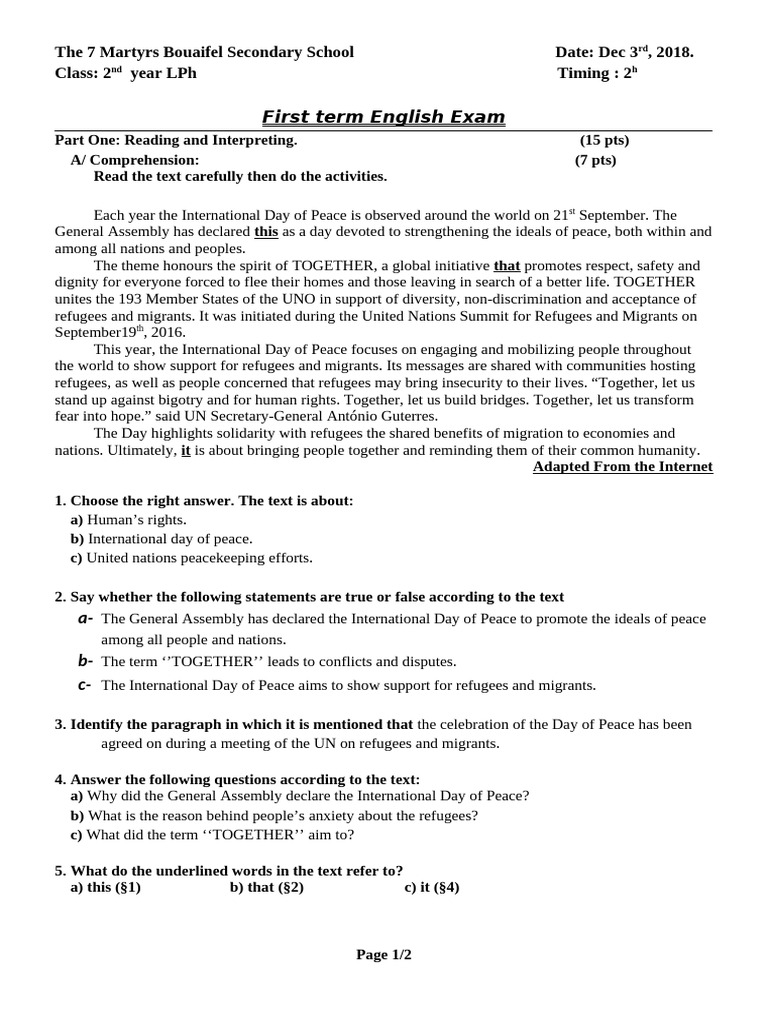 First Term Exam 2LPh 2018 | PDF | Refugee | United Nations