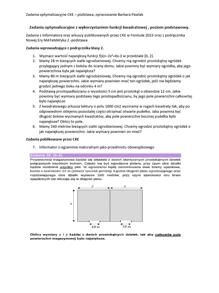 Zadania Optymalizacyjne Z Wykorzystaniem Funkcji Kwadratowej | PDF