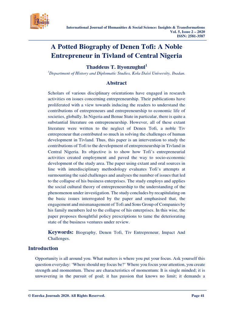 A Potted Biography of Denen Tofi: A Noble Entrepreneur in Tivland of ...