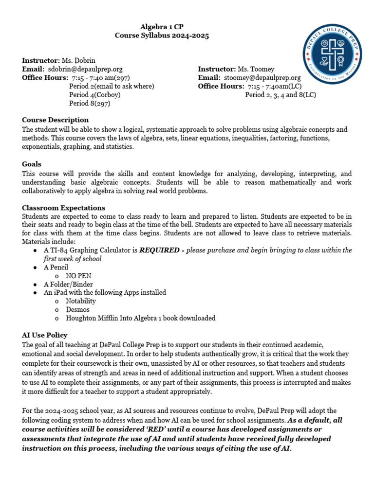 Dobrin Algebra 1 CP Syllabus 2024-25 | PDF | Sat