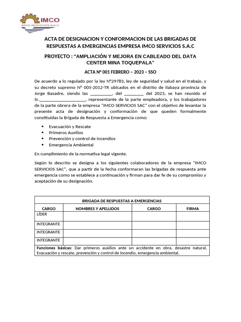 Brigadas de Emergencia en IMCO S.A.C. | PDF