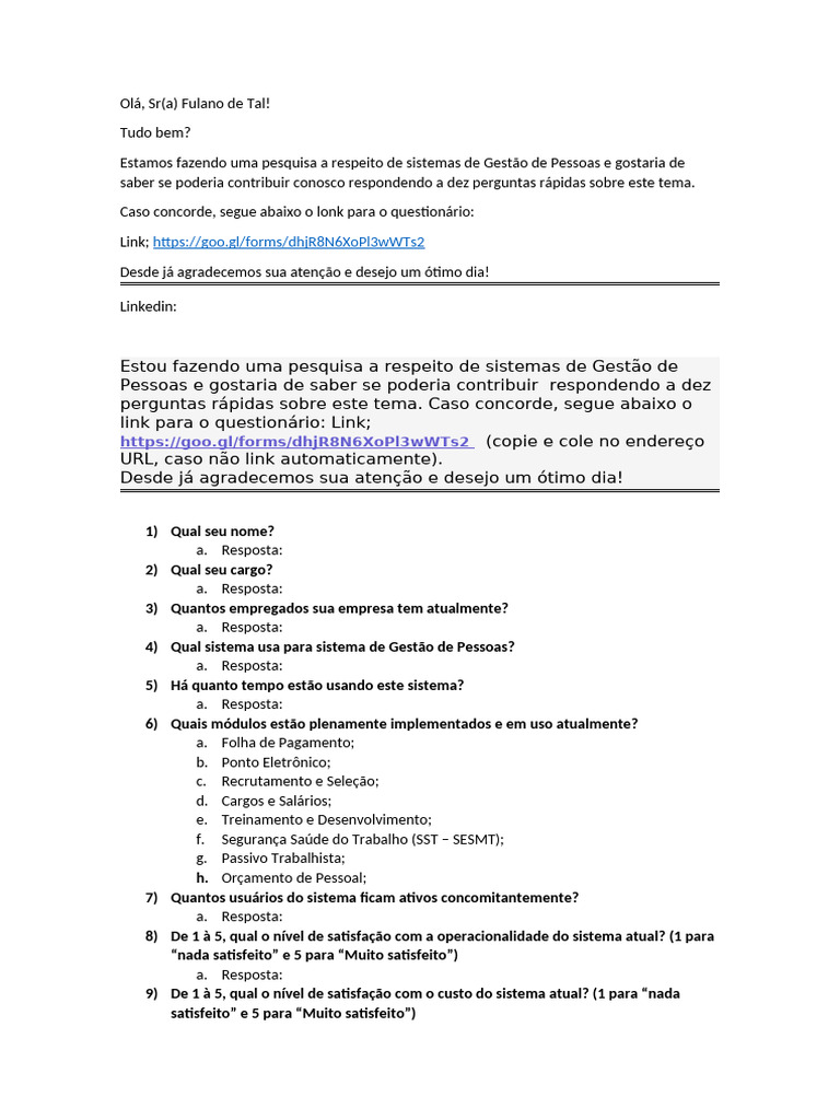 Questionário Sistemas GP | PDF