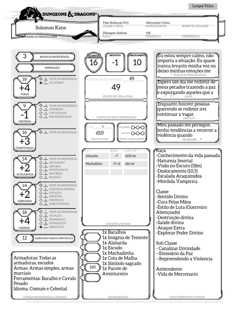 Ficha DD5e Solomon Kane | PDF