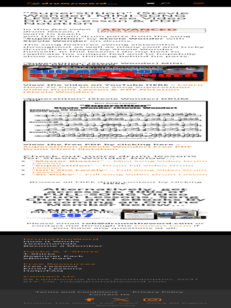 Superstition (Stevie Wonder) MINI-SONG LESSON - Free Video Drum Lesson & PDF Notation ...