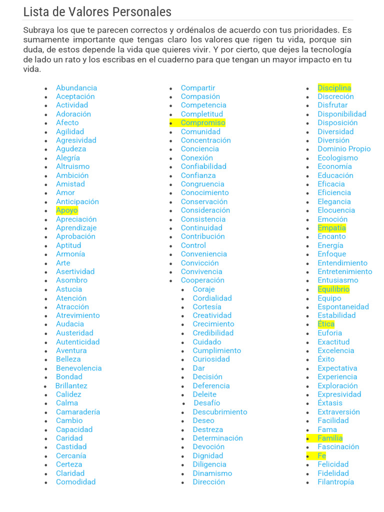 ++lista de Valores Personales | PDF | Virtud | Sicología