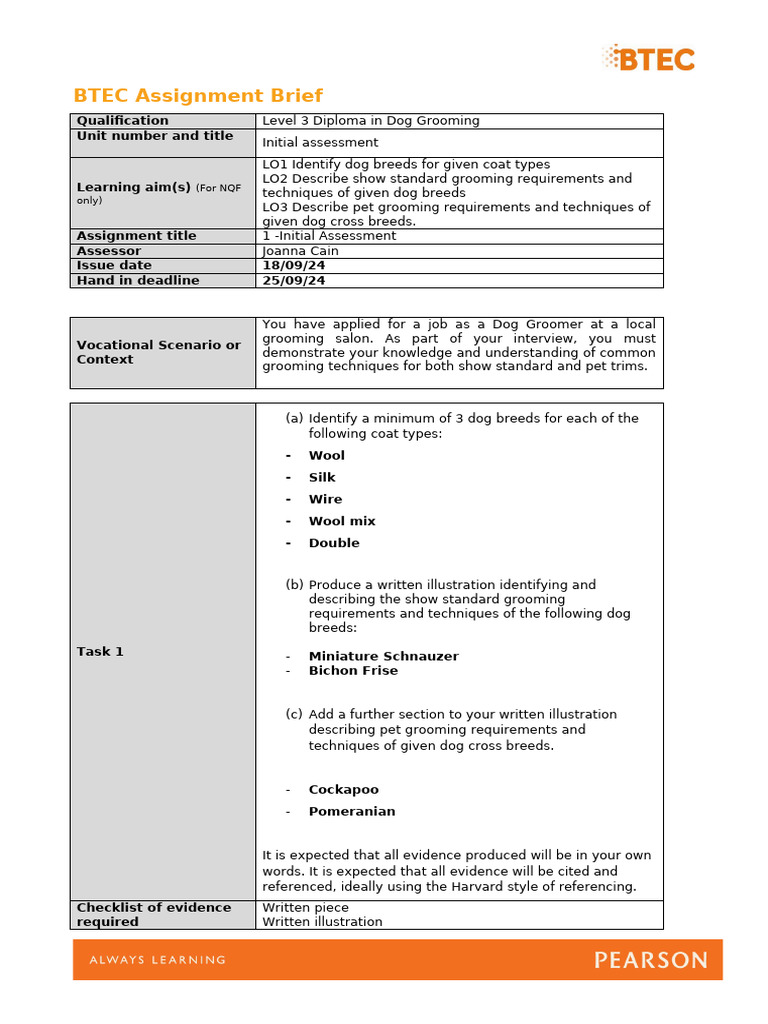 Initial assessment | PDF | Dogs | Dogs As Pets