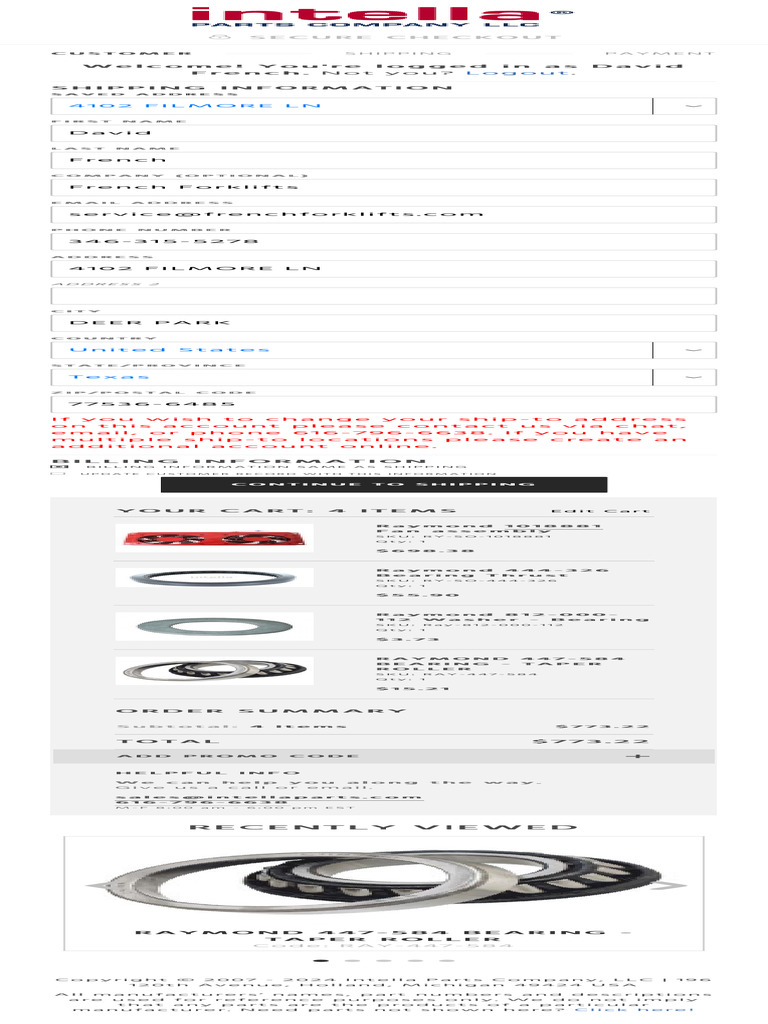 Intella Parts Company, LLC Checkout Customer in | PDF