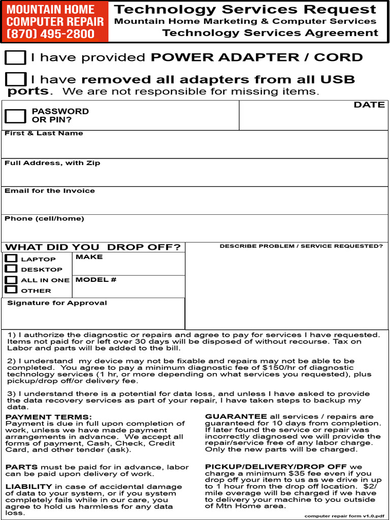 Computer Repair Technology Repair Form | PDF | Payments | Credit Card