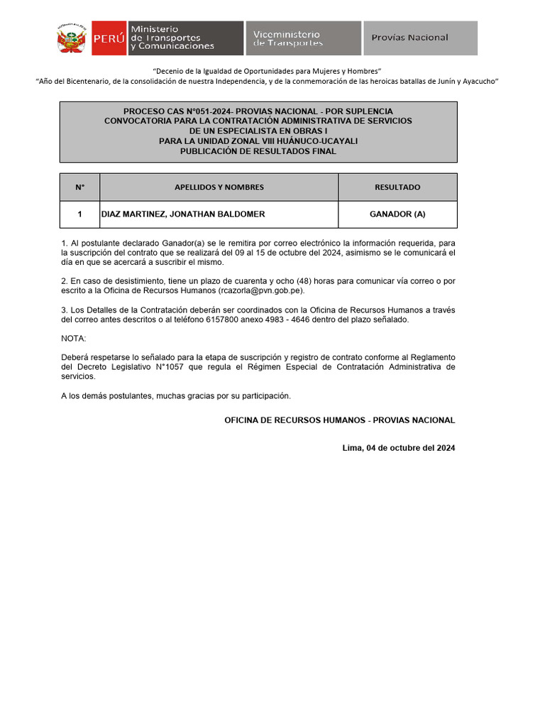 Resultado Final Cas N°051-2024 | PDF