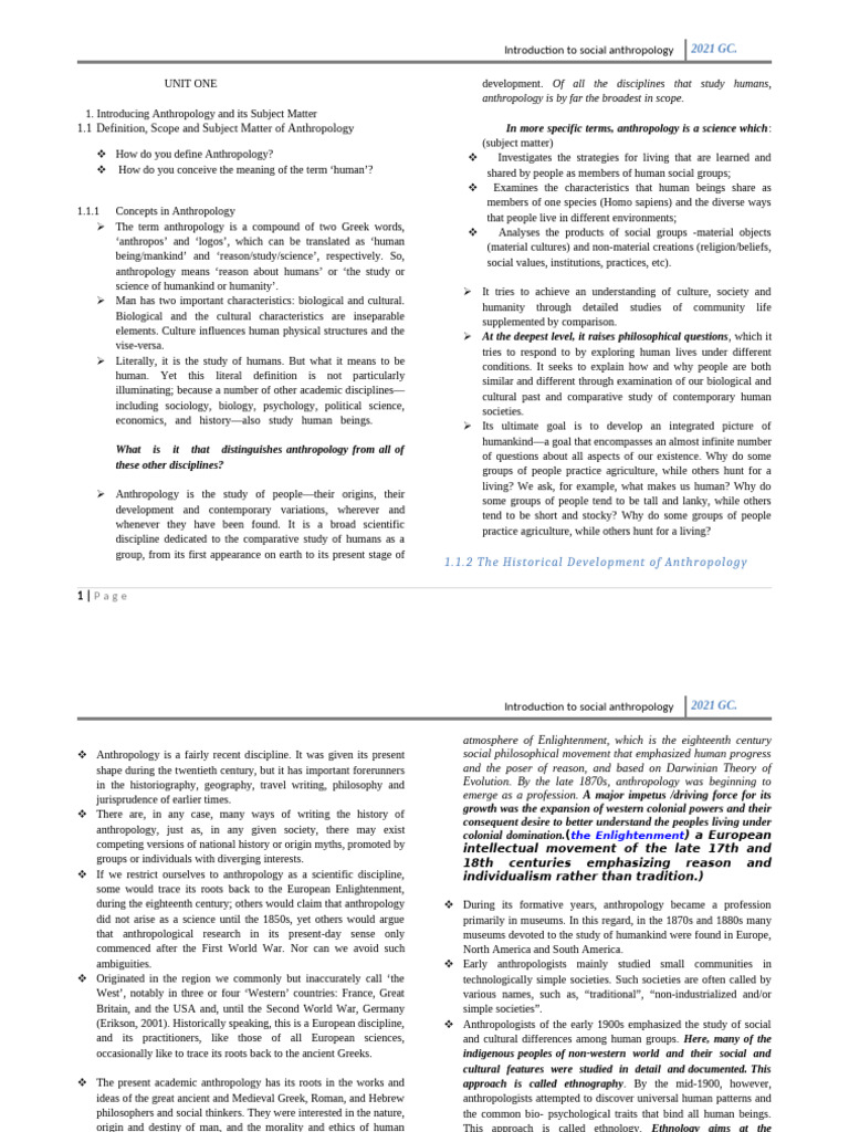 MTU Lecture Note Anth U5 | PDF | Anthropology | Ethnography