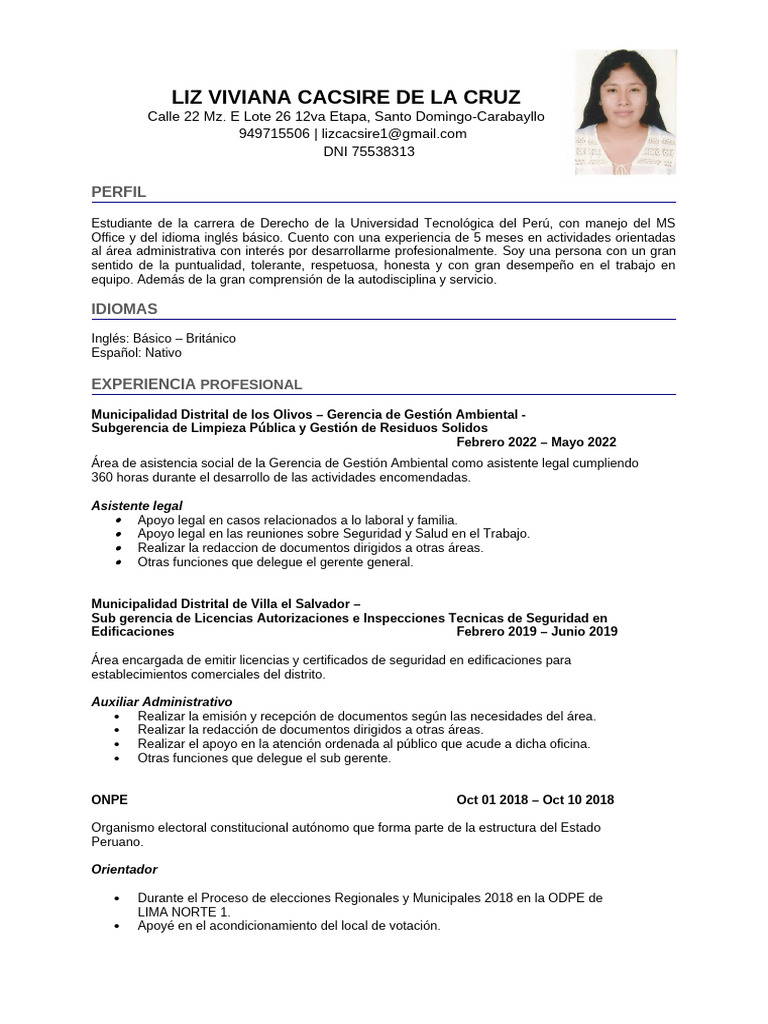 CV Liz Cacsire | PDF | Perú | Gobierno