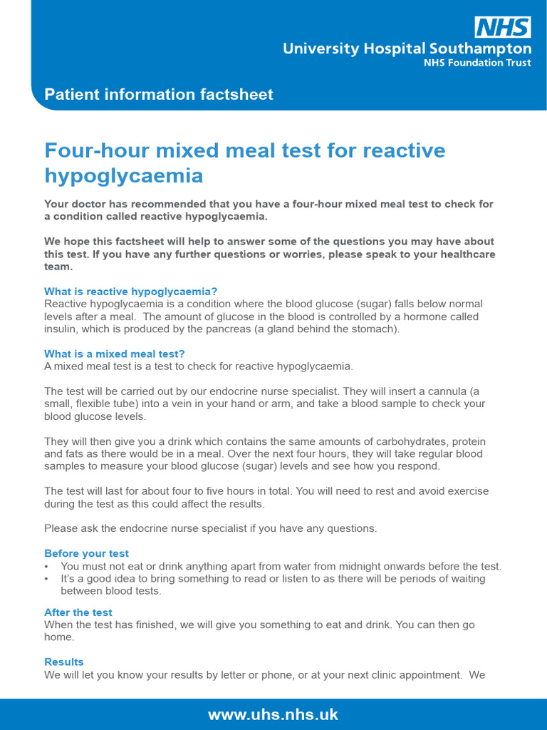 Four-Hour Mixed Meal Test Overview | PDF | Hypoglycemia | Endocrine ...