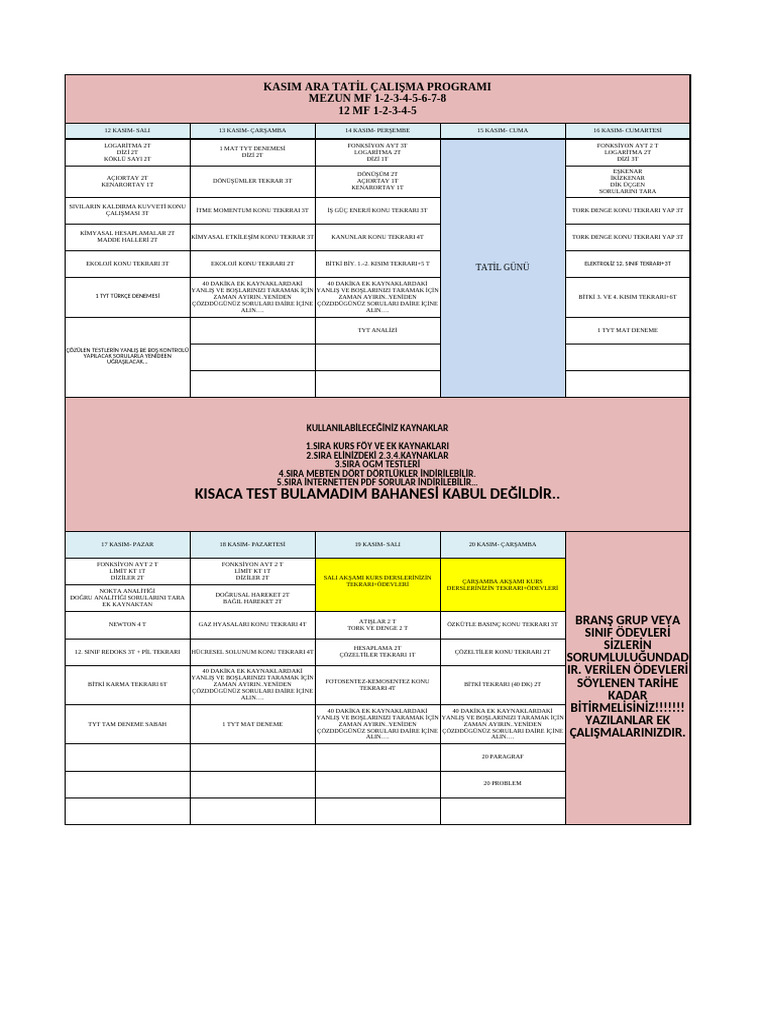 Ara Tati̇l Zor Ödev Programi 12-Mezun | PDF