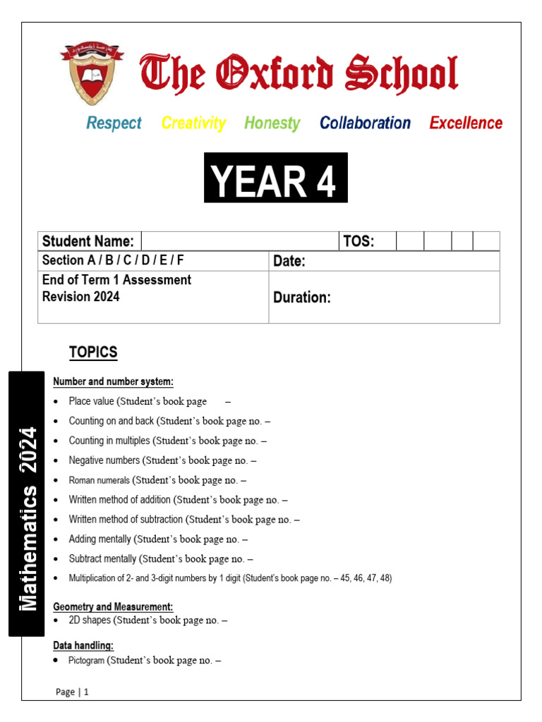 Year 4 Maths Term 1 Revision Sheet | PDF