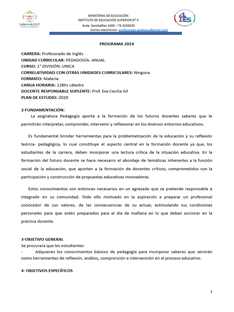 Programa 2024 - Pedagog-A - Prof de Ingl-S | PDF | Maestros | Pedagogía