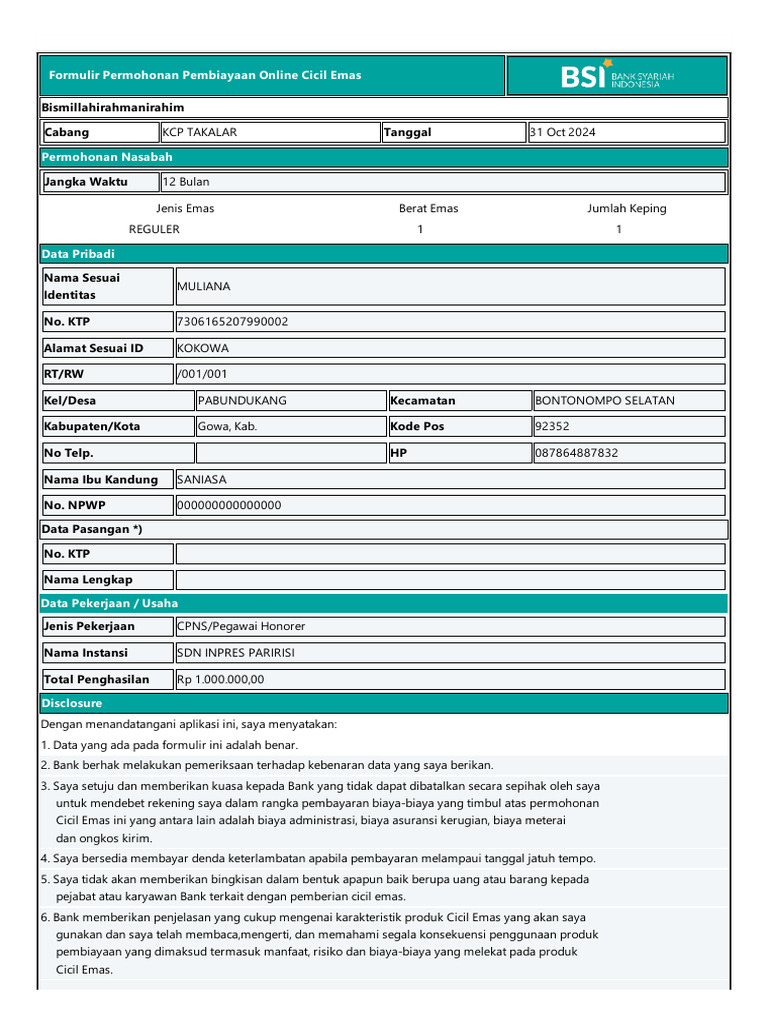 Formulir Permohonan Pembiayaan Online Cicil Emas_LD2430518215 | PDF