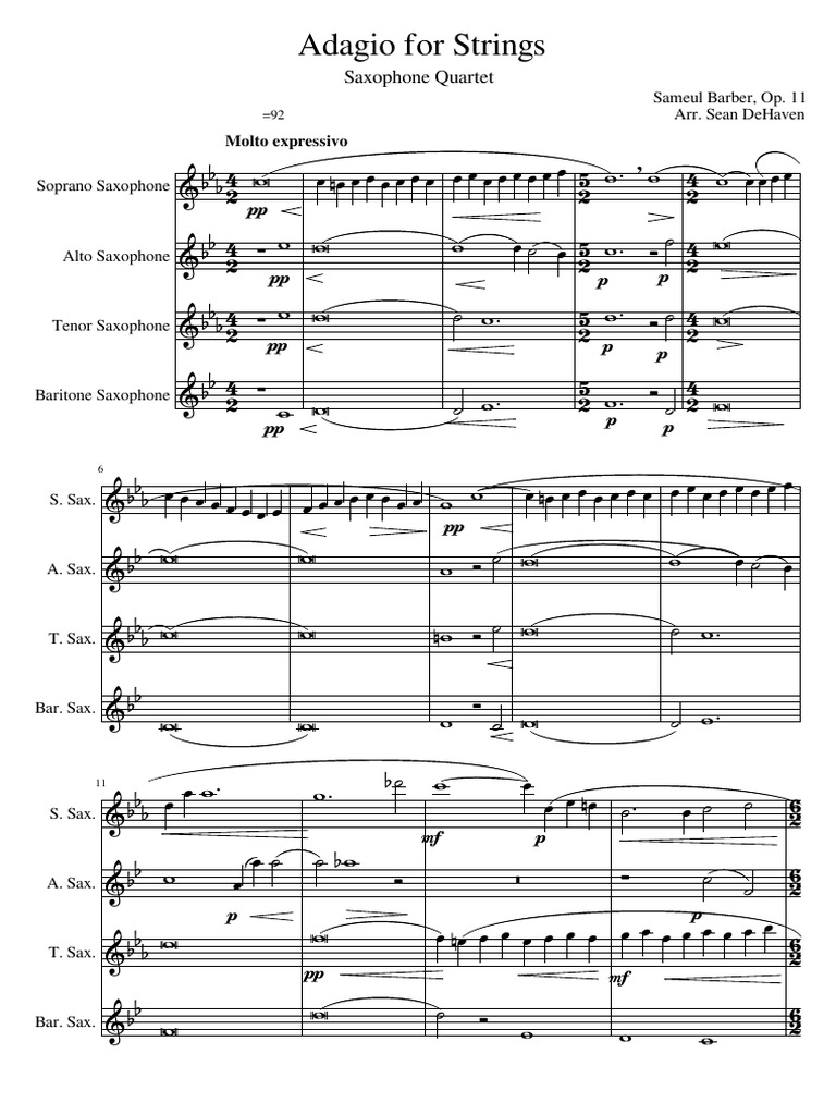 Adagio For Strings Satb Sax Quartet | PDF | Classical Music | Musical ...