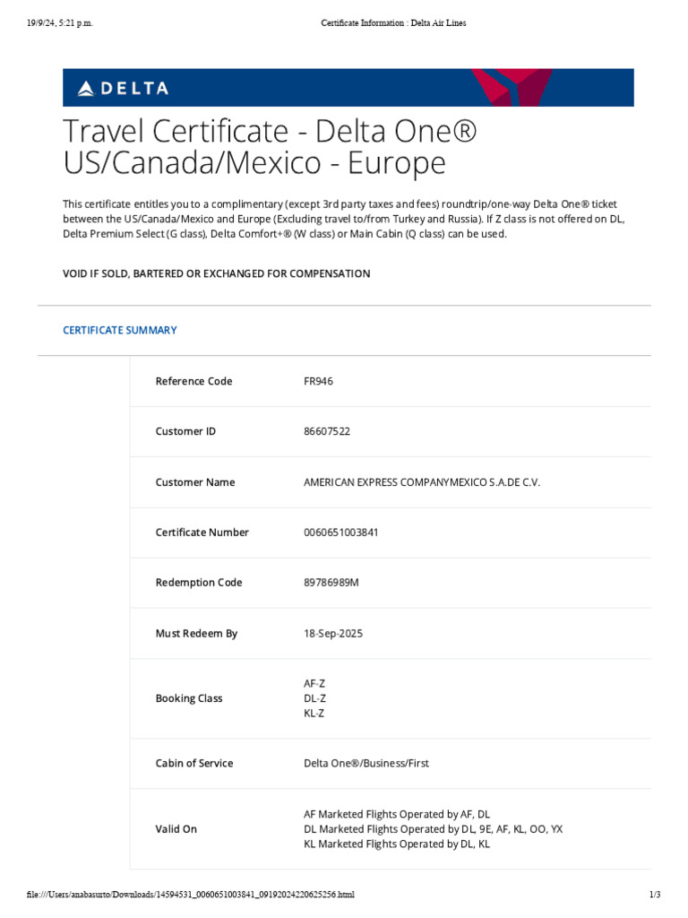 Certificate - Delta Air Lines 3 | PDF | Fee | Delta Air Lines