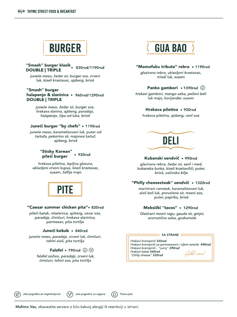 Thyme Street Food MENI SRB | PDF