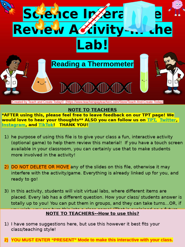 Science Interactive Review Activity-In The Lab! Reading A Thermometer ...