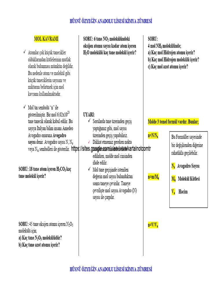 10.sinif Kimya Mol Kavrami Ders Notlari Ve Calisma Sorulari | PDF