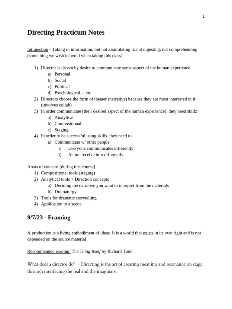 Kevin's Directing Notes | PDF | Thought | Perception
