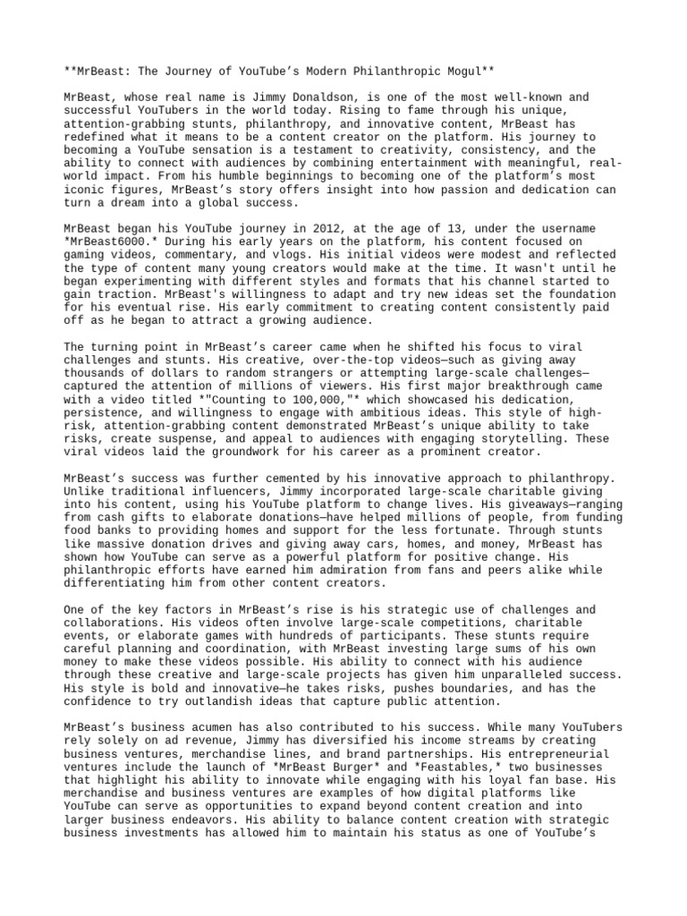 MrBeast: The Journey of YouTube's Modern Philanthropic Mogul | PDF