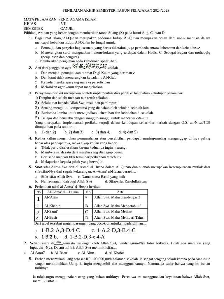 Soal Pai Kelas 7 Word | PDF