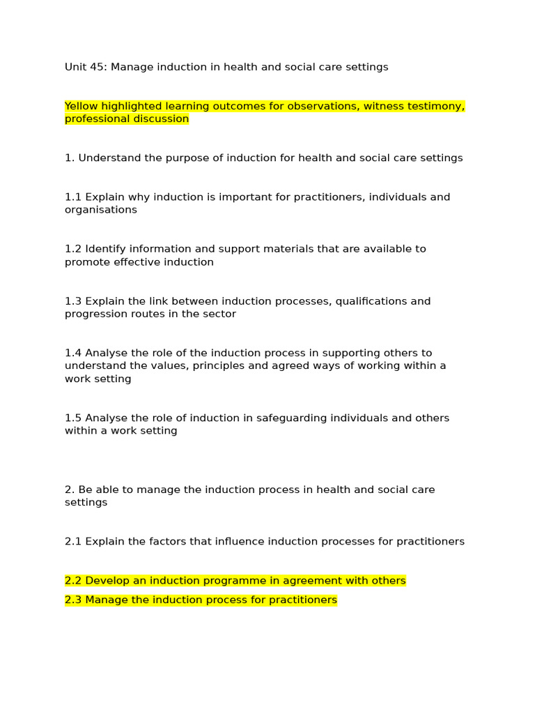 Unit 45 OPTIONAL UNIT Manage Induction in Health and Social Care ...