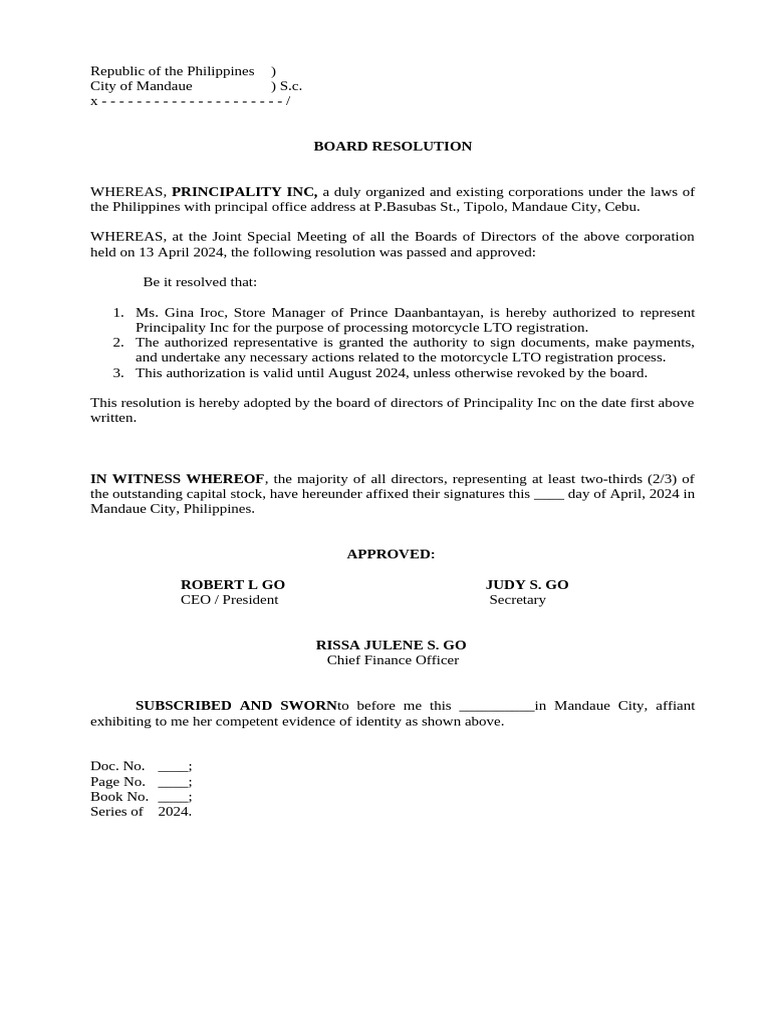 Board Resolution for LTO Authorization | PDF