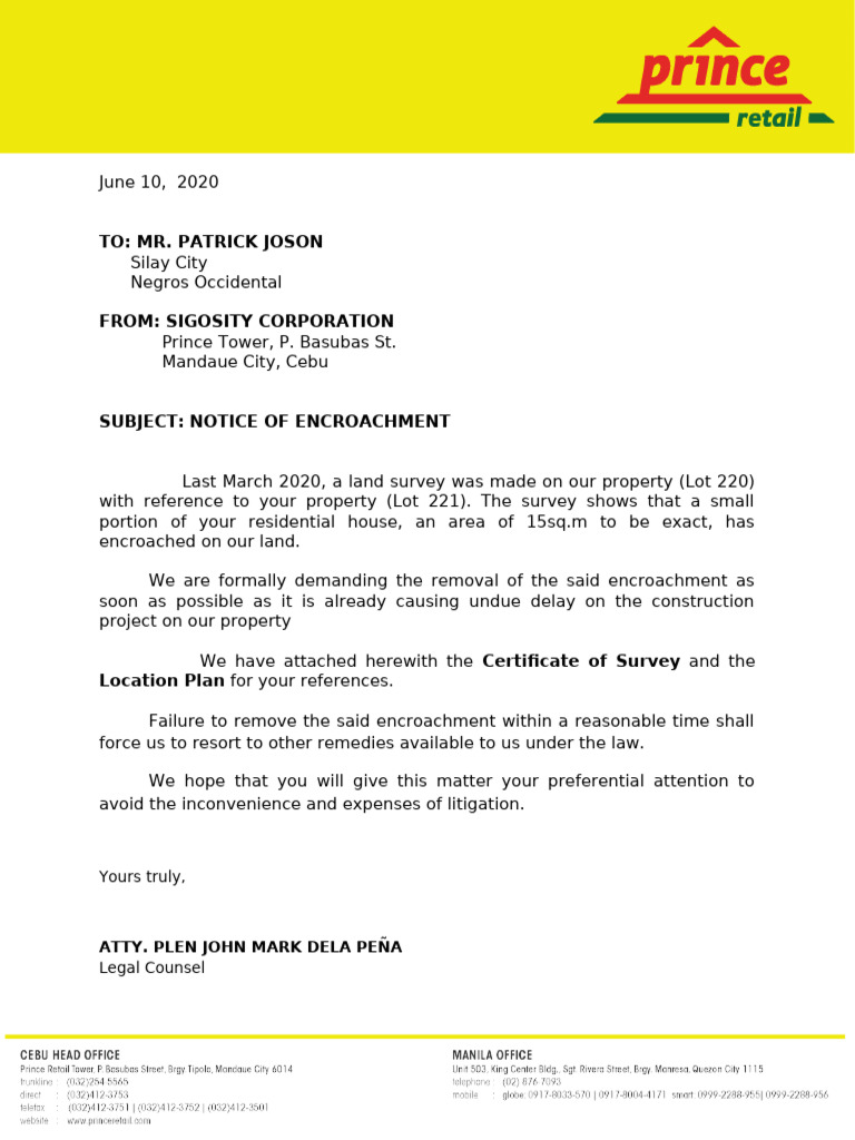 Notice of Land Encroachment to Joson | PDF