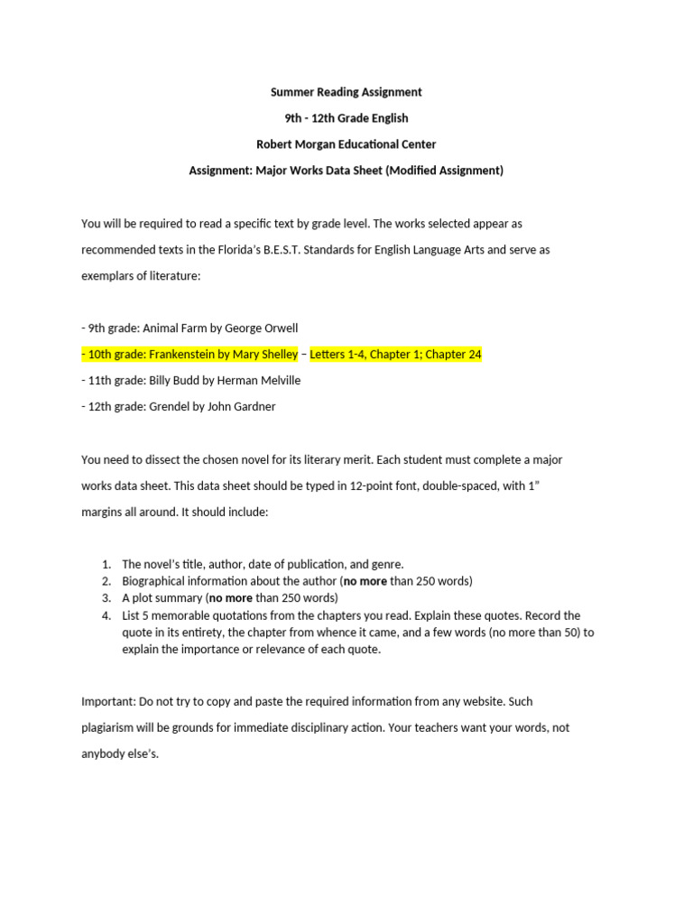 Summer Reading Assignment | PDF