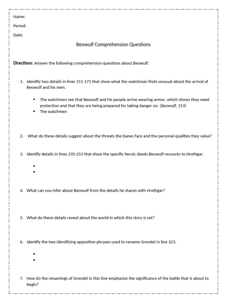 Unit 1-Beowulf Comprehension Questions | PDF