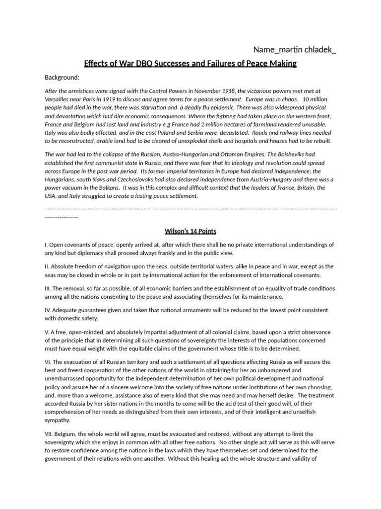 Effects of War DBQ Successes and Failures of Peace Making1 | PDF ...