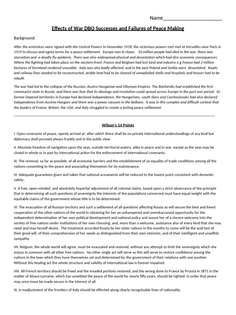 Effects of War DBQ Successes and Failures of Peace Making | PDF ...